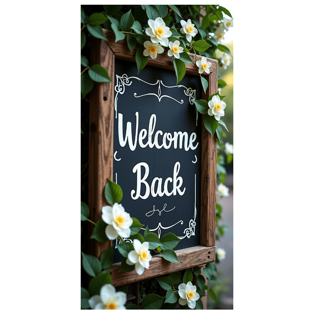 Wooden Door Themed Welcome Back Banner with Floral Leafy Elements Party ...
