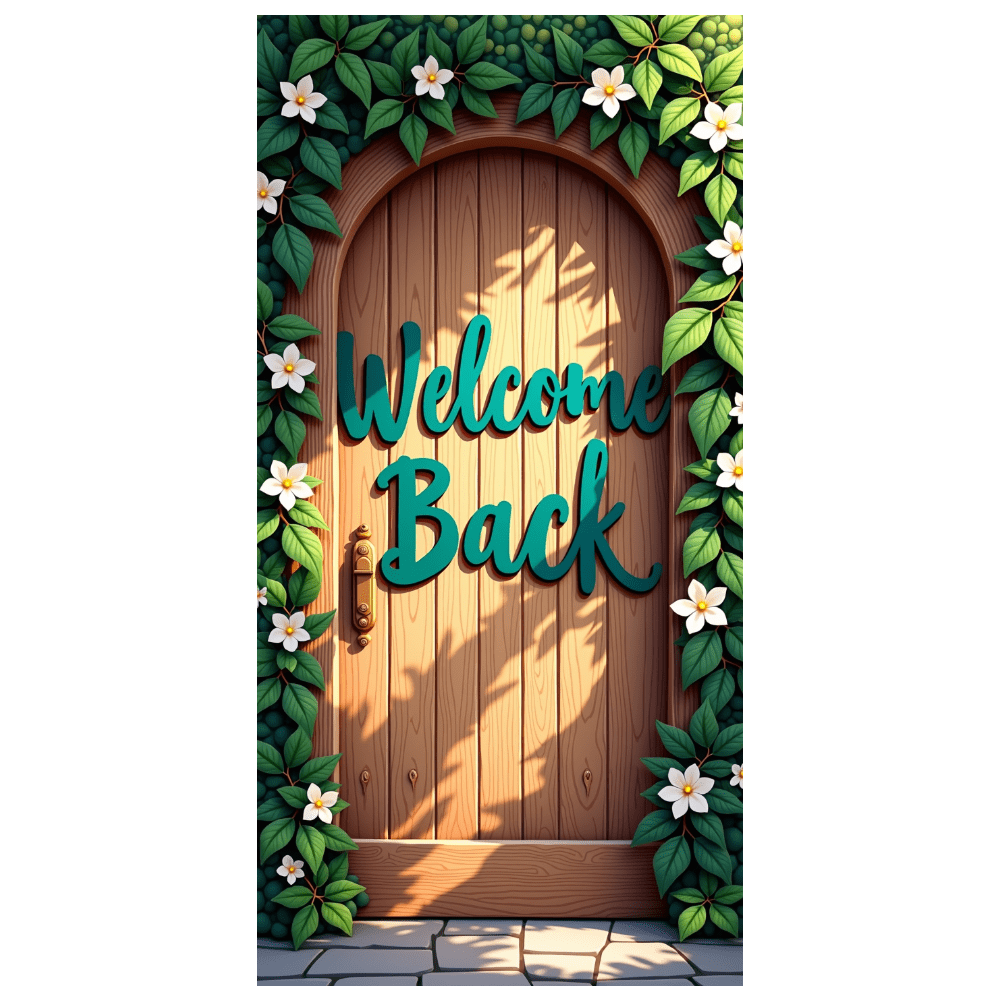 Wooden Door Themed Welcome Back Banner with Floral Leafy Elements Party ...