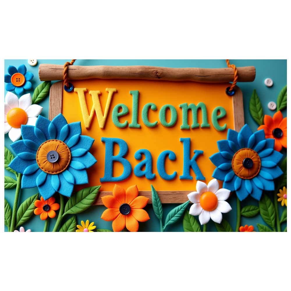Wooden Door Themed Welcome Back Banner with Floral Leafy Elements Party ...