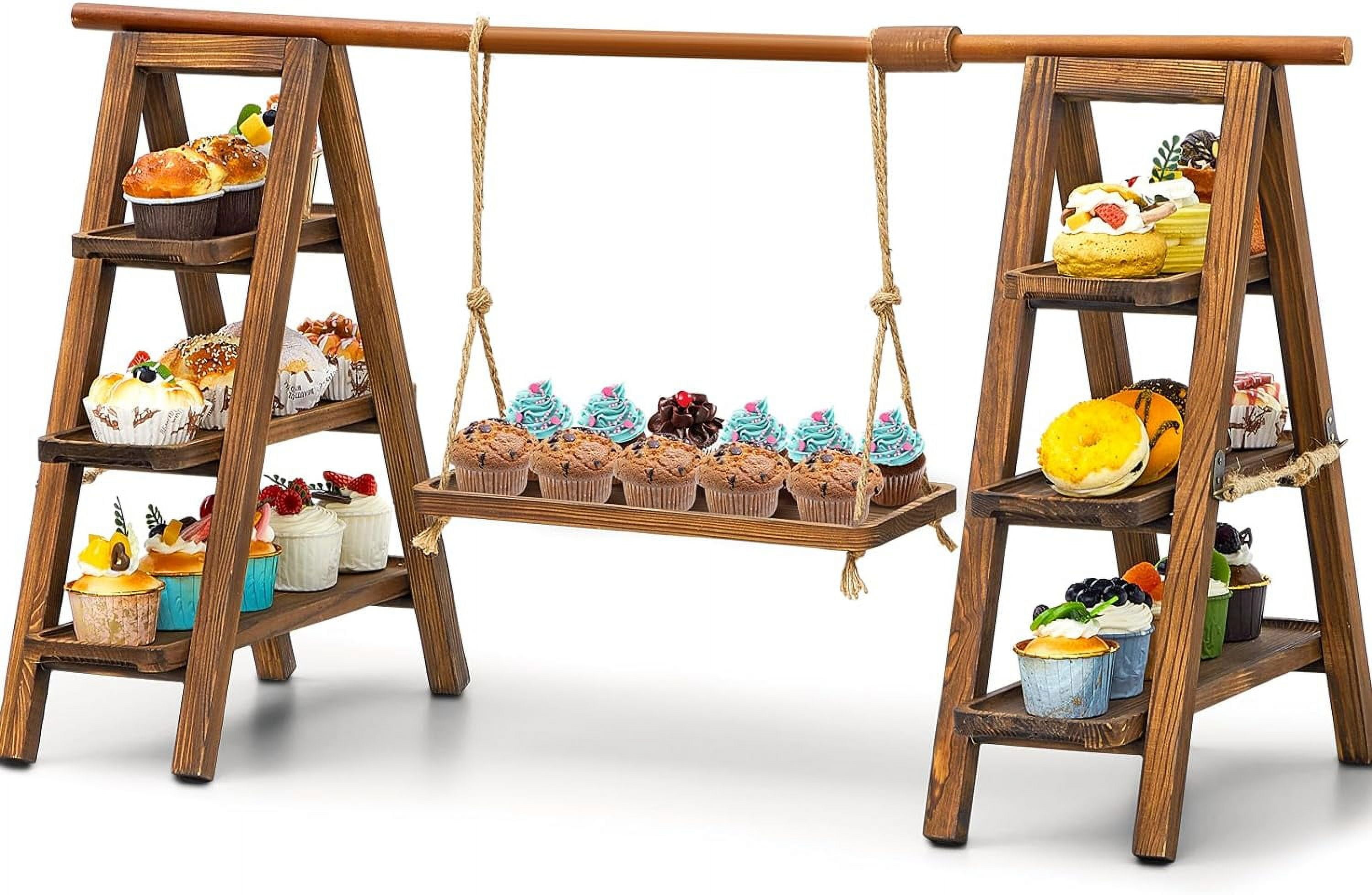 Wooden Double 3 Tier Serving Tray Ladder Stand with Serving Platter ...