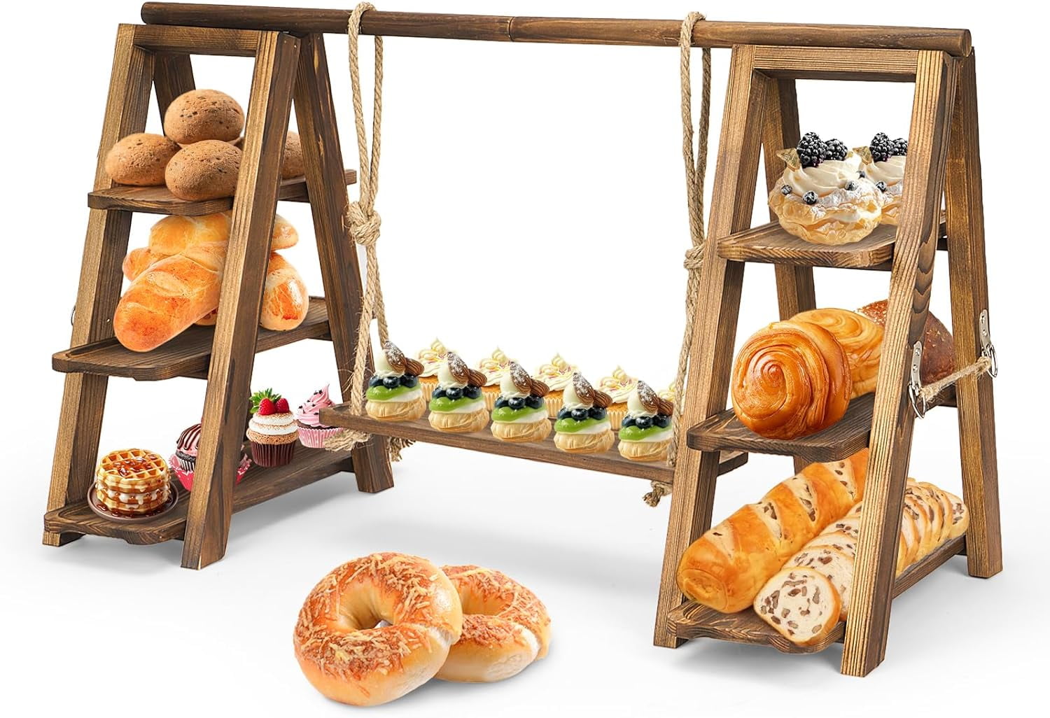 Wooden Double Dessert Table Display Set Rack 3 Tier Serving Tray Solid ...