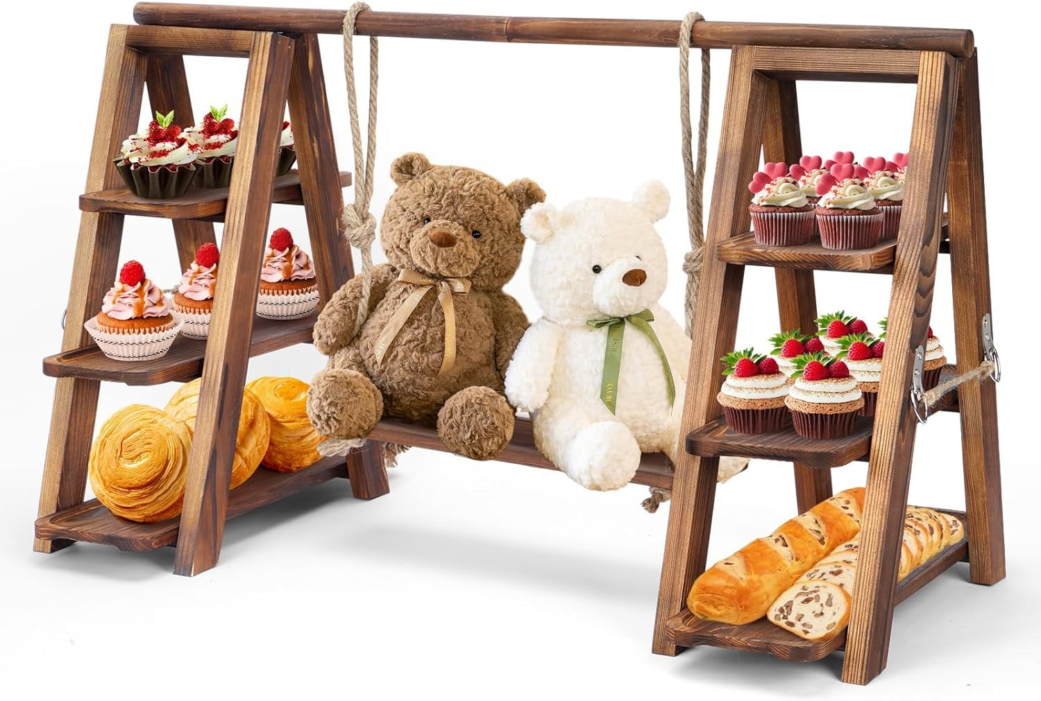 Wooden Double Dessert Table Display Set Rack 3 Tier Serving Tray Solid ...