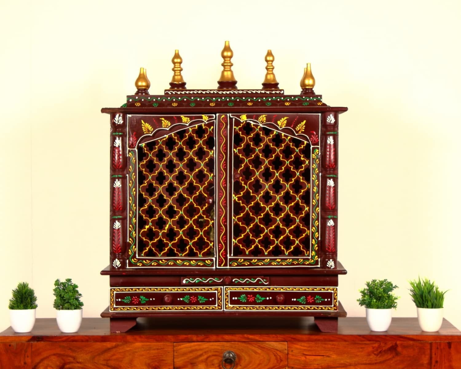 Wooden Double Door Puja Mandir For Home / Mandir With Cabinets Storage ...