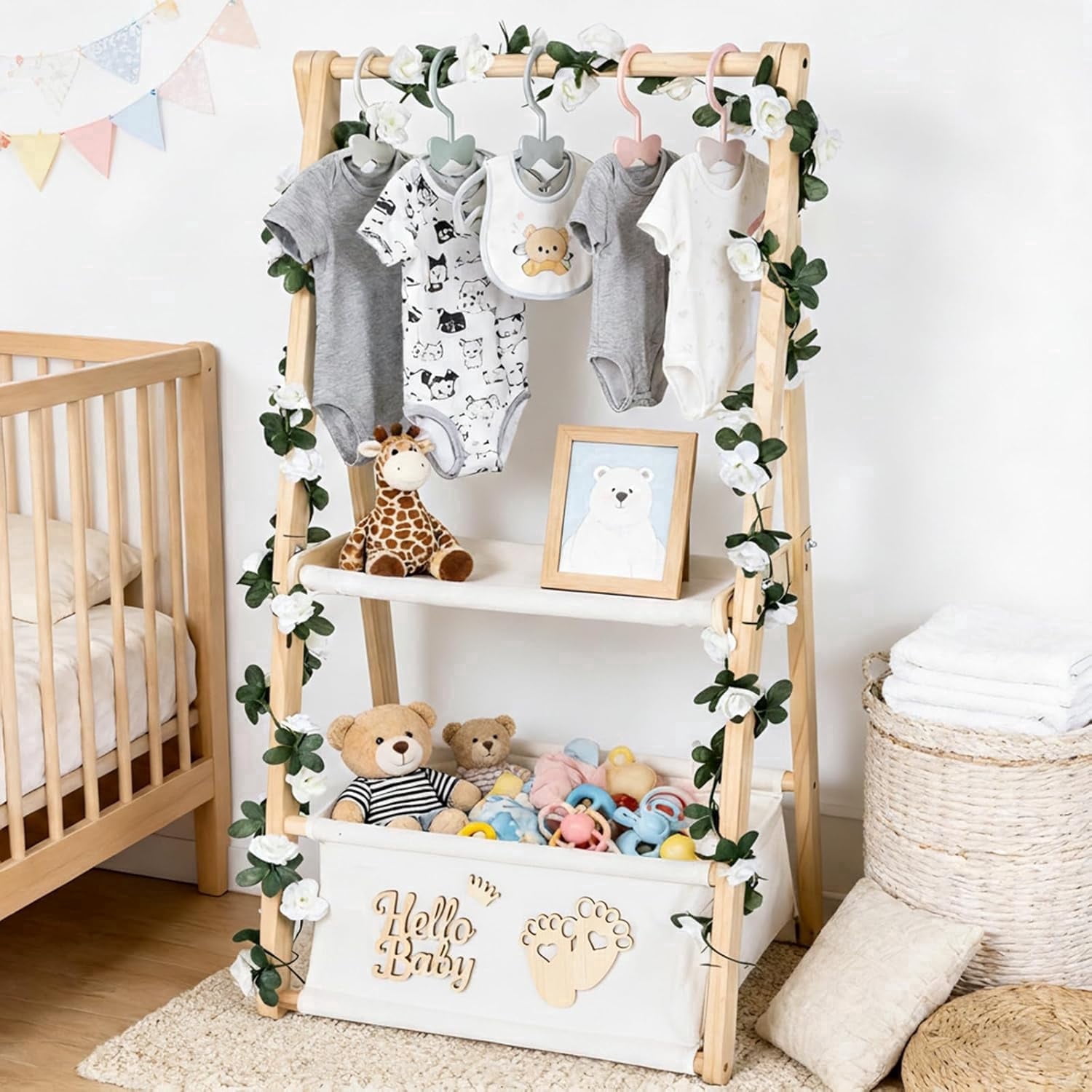Wooden Double-Layer Baby Crate with Hangers, Foldable Nursery Storage ...