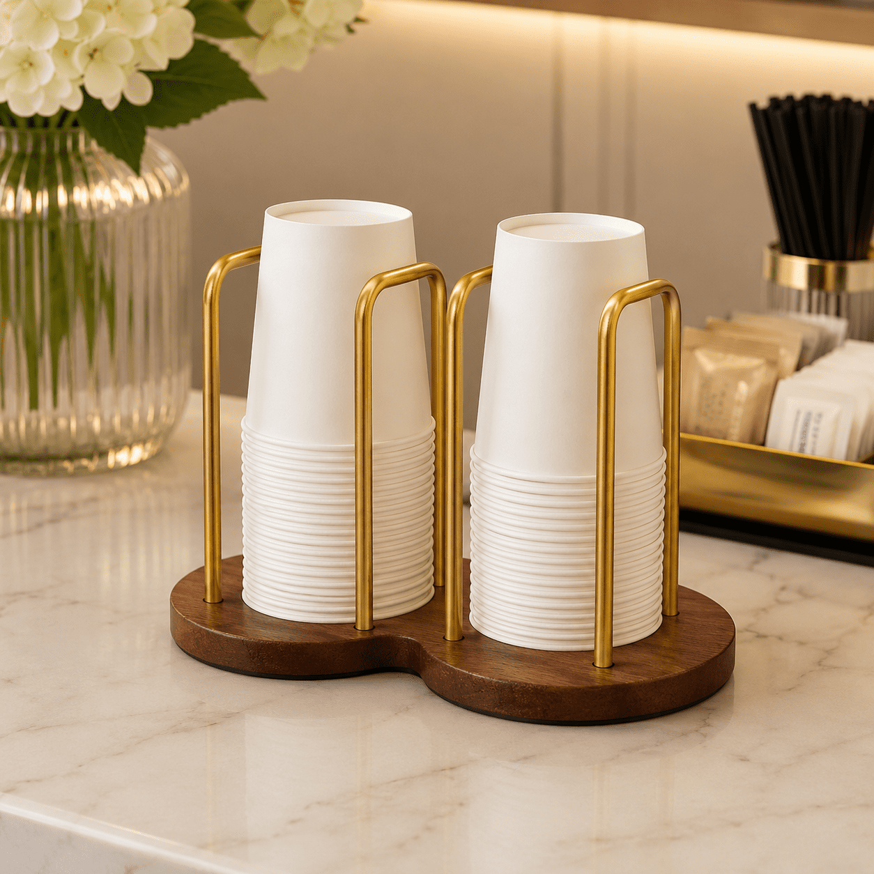 Wooden Double Paper Cup Holder with Metal Rails, Desktop Disposable Cup ...