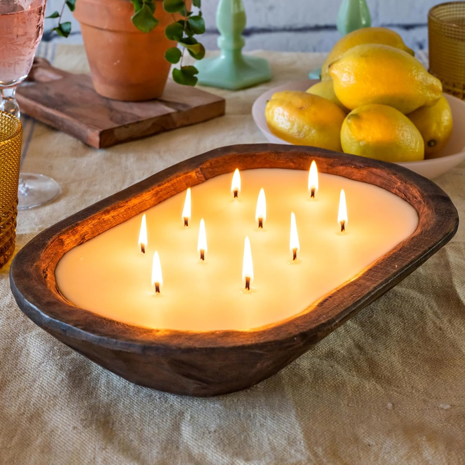 Wooden Dough Bowl Candle 10 Inch, Soy Candle, Farmhouse Candles for Table, Wood Boat 4 Wick ...