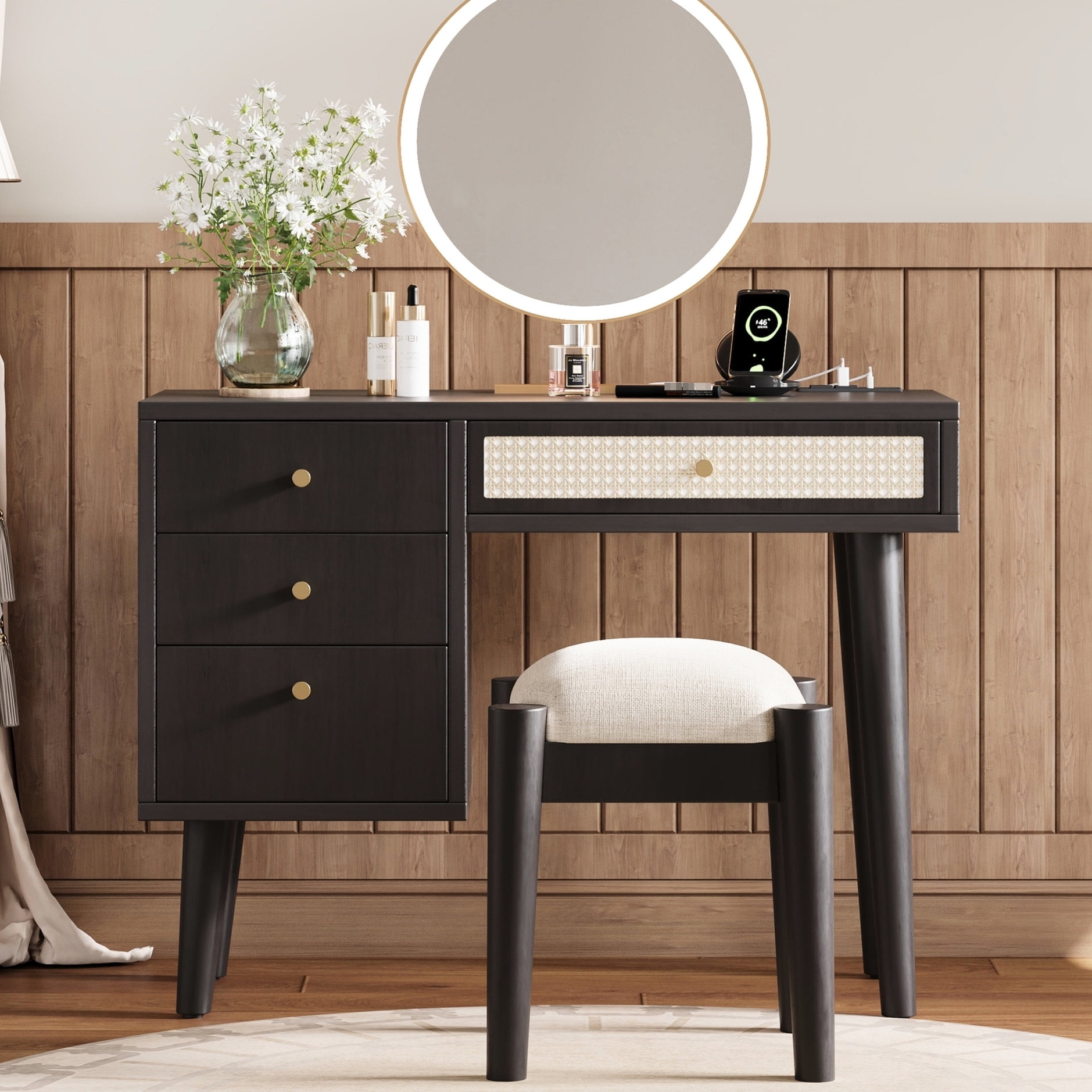 Wooden Dressing Table Set with Charging and Rattan Design | Great for ...