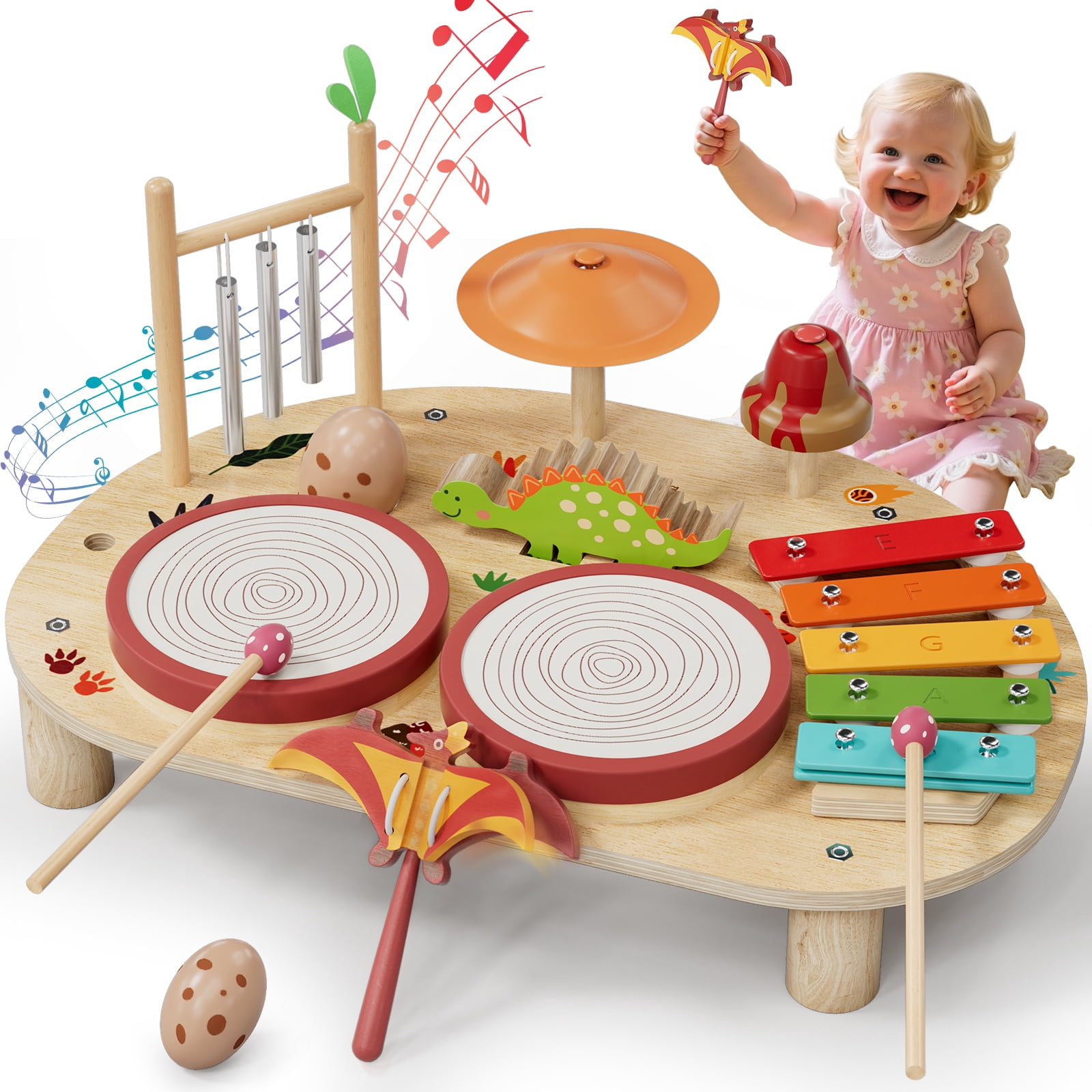 Wooden Drum Set for Toddler 1-3, Musical Instruments for Kids, Preschool Educational Xylophone ...