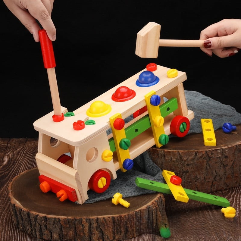 Wooden Early Education Nail Driving and Disassembly Bus Hands-on Nail ...