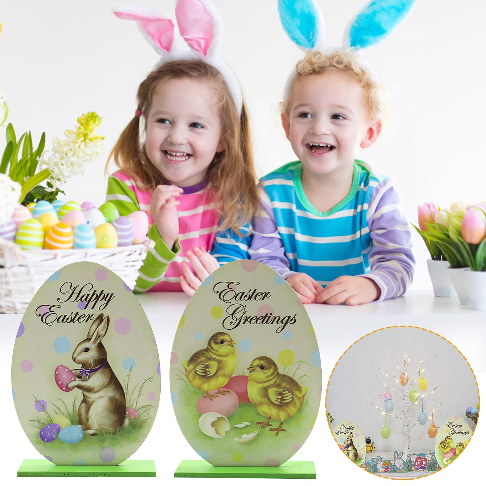 Wooden Easter Crafts Bunny Chick Colored Egg Table Plate Display ...