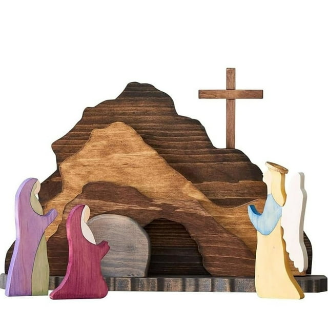 Wooden Easter Nativity Scene Decor - Handcrafted Jesus & Empty Tomb ...