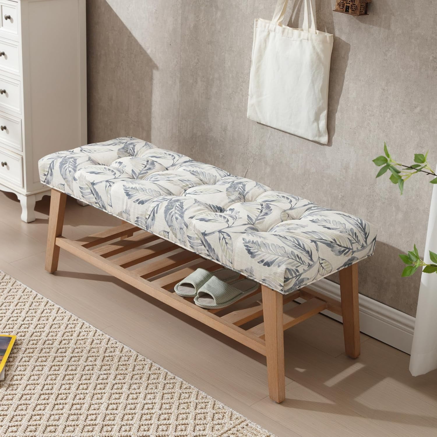 Wooden End of Bed Bench with Shoe Shelf 2 Tier Farmhouse Button Tufted ...