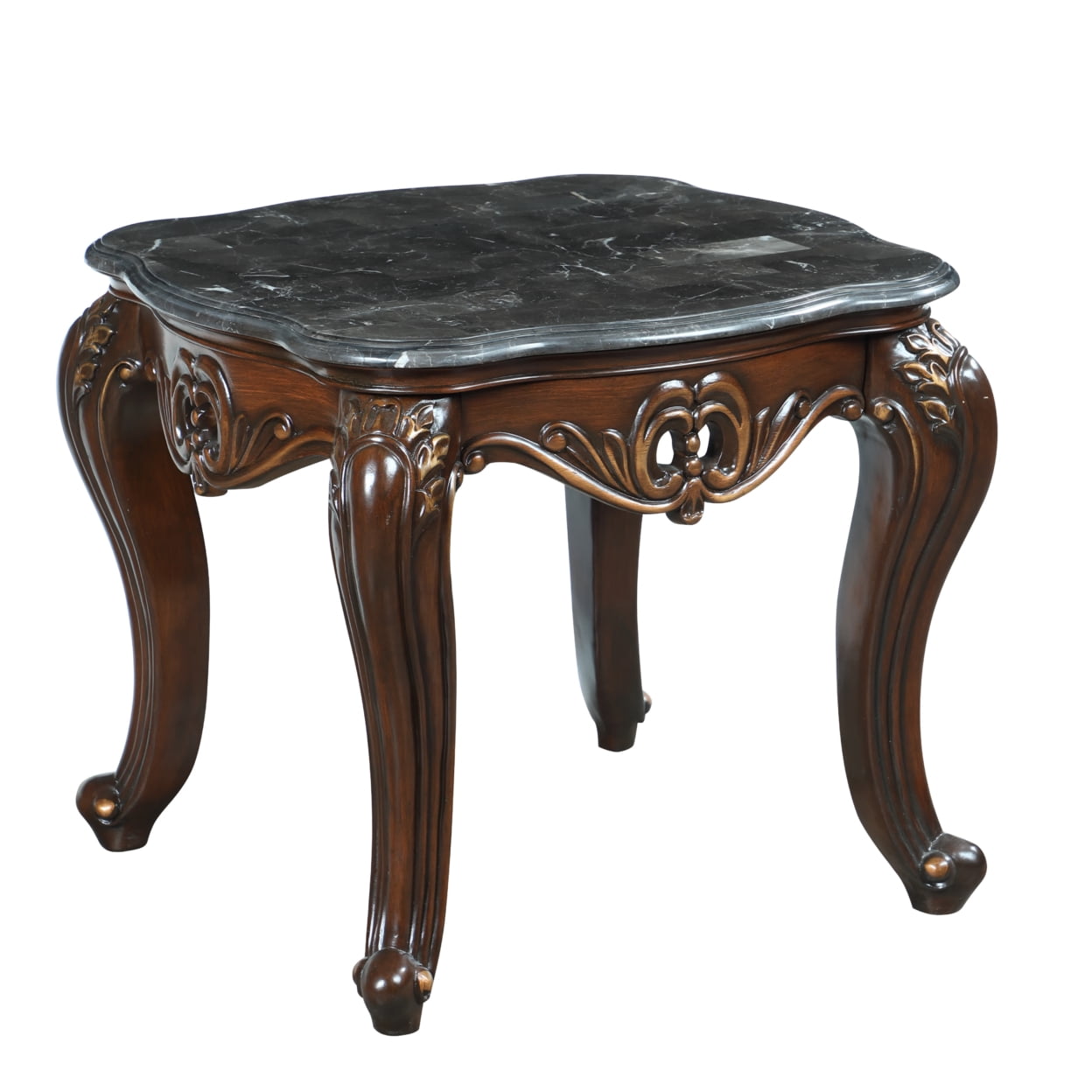 Wooden End Table with Marble Top and Floral Engravings, Brown and Black ...