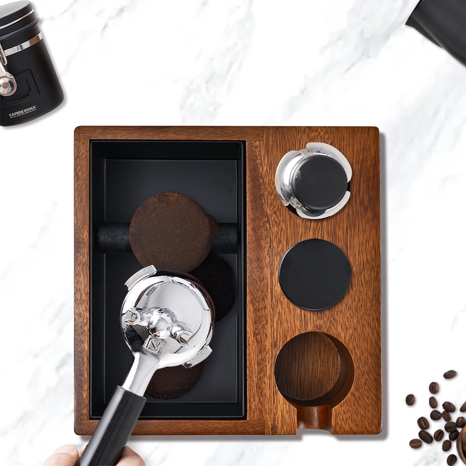 JORUGUNA 4 in 1 Wooden Espresso Knock Box & Tamping Station, Compatible ...