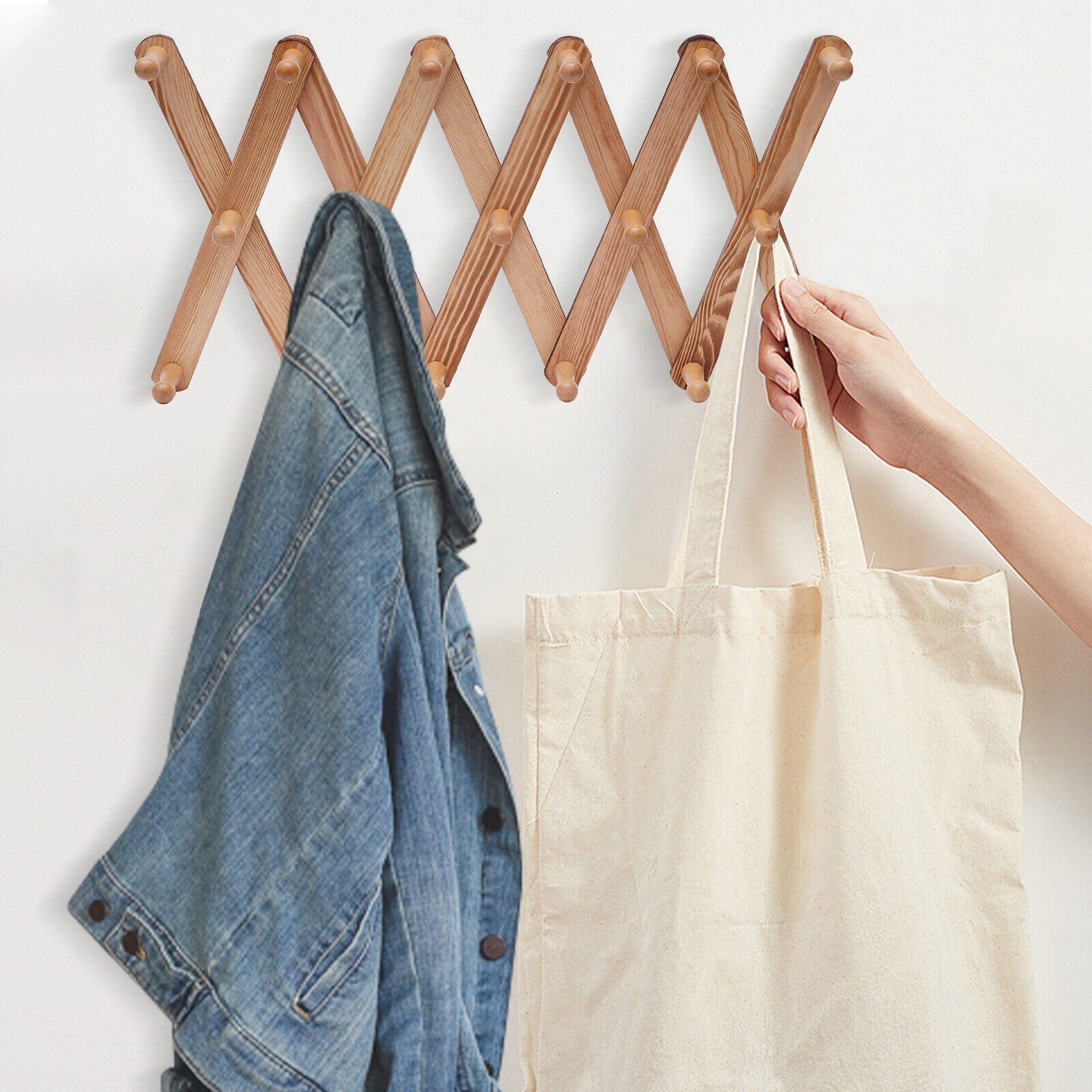 Wooden Expandable Coat Rack Wall Mounted Key Bag Towel Rack w/Multi ...