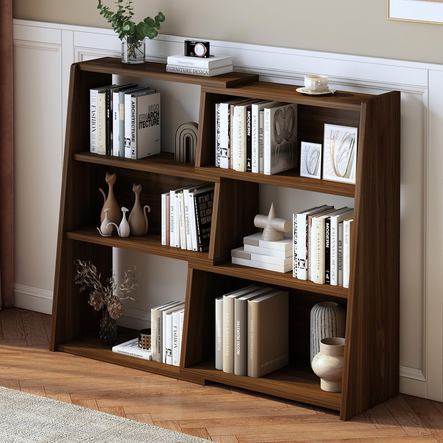Wooden Extendable Shelf Bookcase - 3-Tier Ladder Low Short Bookshelf ...