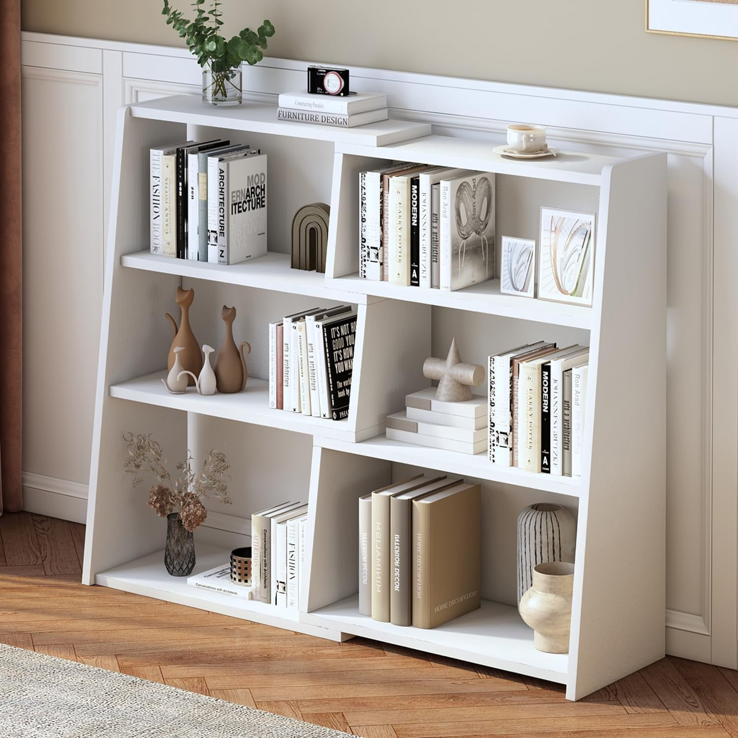 Wooden Extendable Shelf Bookcase - 3-Tier Ladder Low Short Bookshelf ...