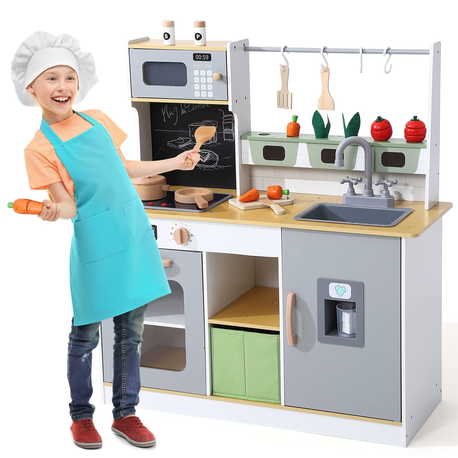 Wooden Farm & Kitchen Playset, Kids Play Kitchen with Cookware ...