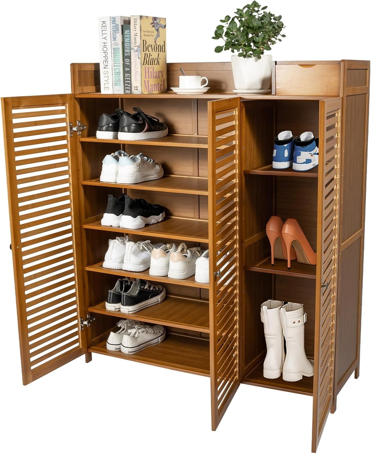 Wooden Farmhouse Shoe Storage Cabinet with Three Shutter Doors, 30 Pair ...