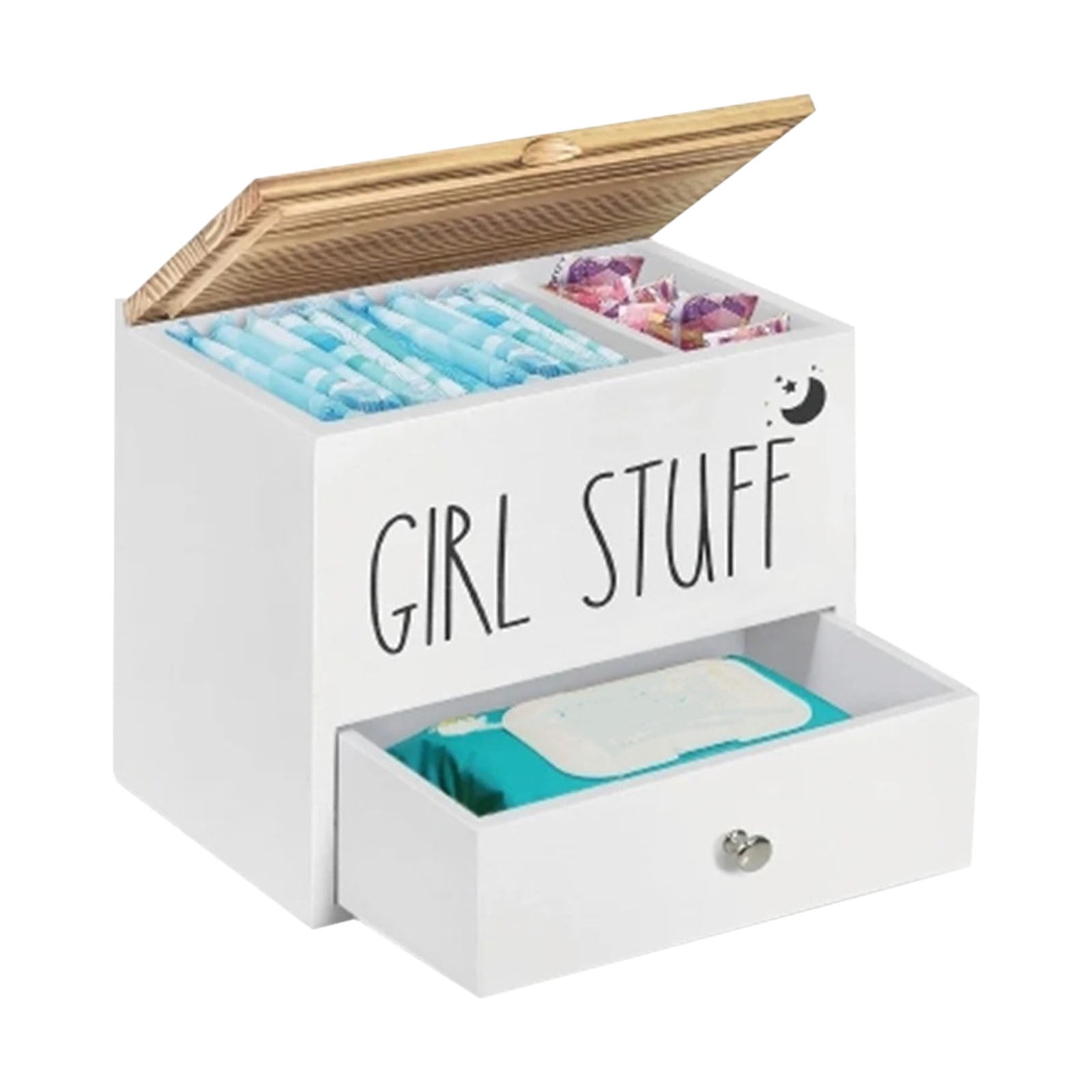 Wooden Feminine Product Organizer with Drawer and Lid Pad Bathroom ...