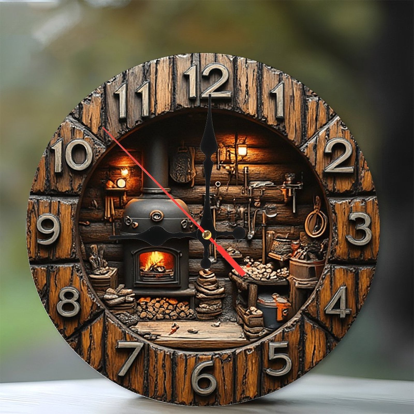 Wooden Fireplace Cabin Wall Clock Rustic Farmhouse Decor 10-Inch Silent ...