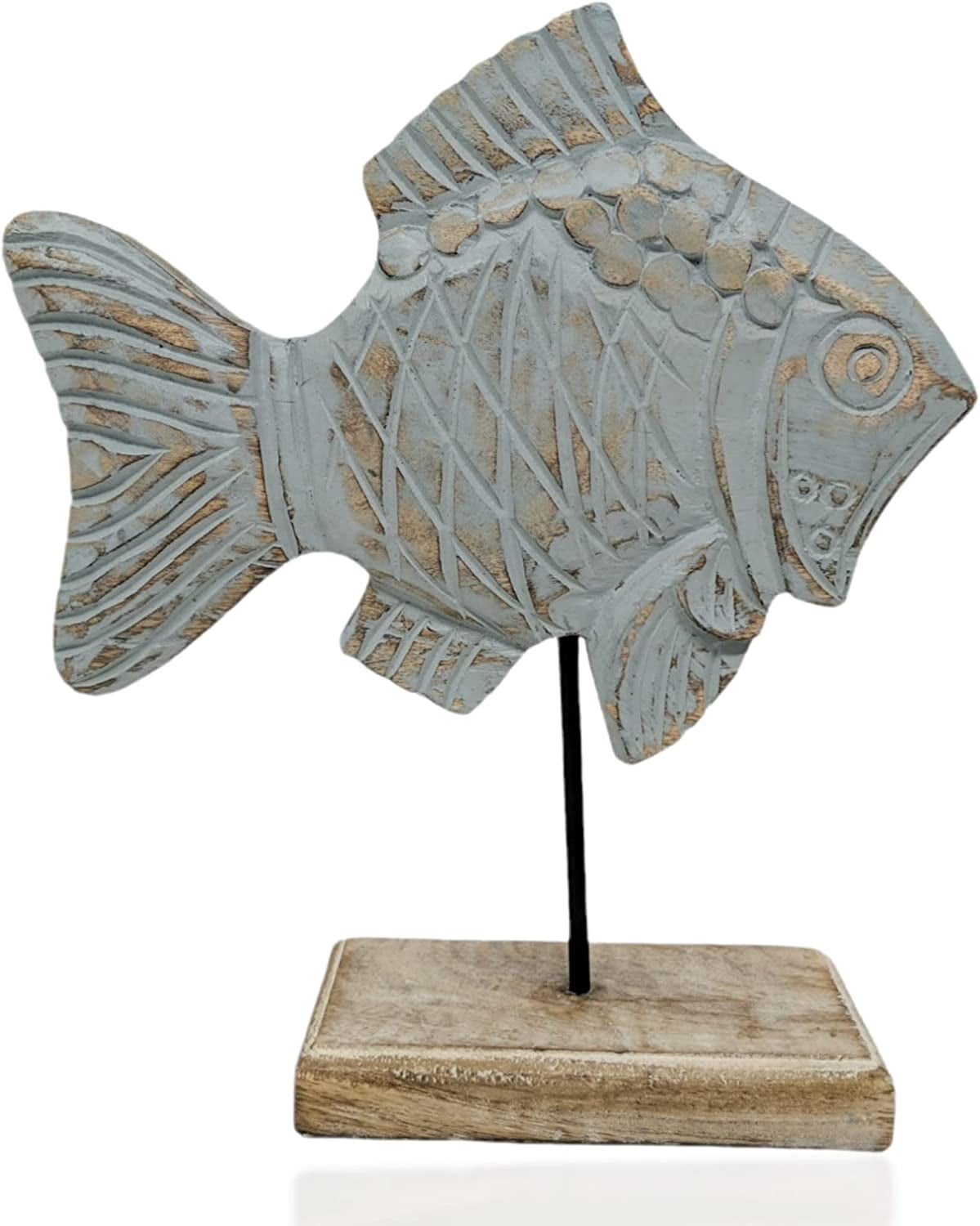 Wooden Fish Sculpture Home | Statue on Base Stand Coastal Beach House ...