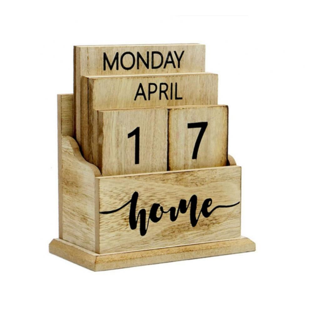 Wooden Flip Desk Blocks Calendar, Plank Table Calendar Week Month Date ...