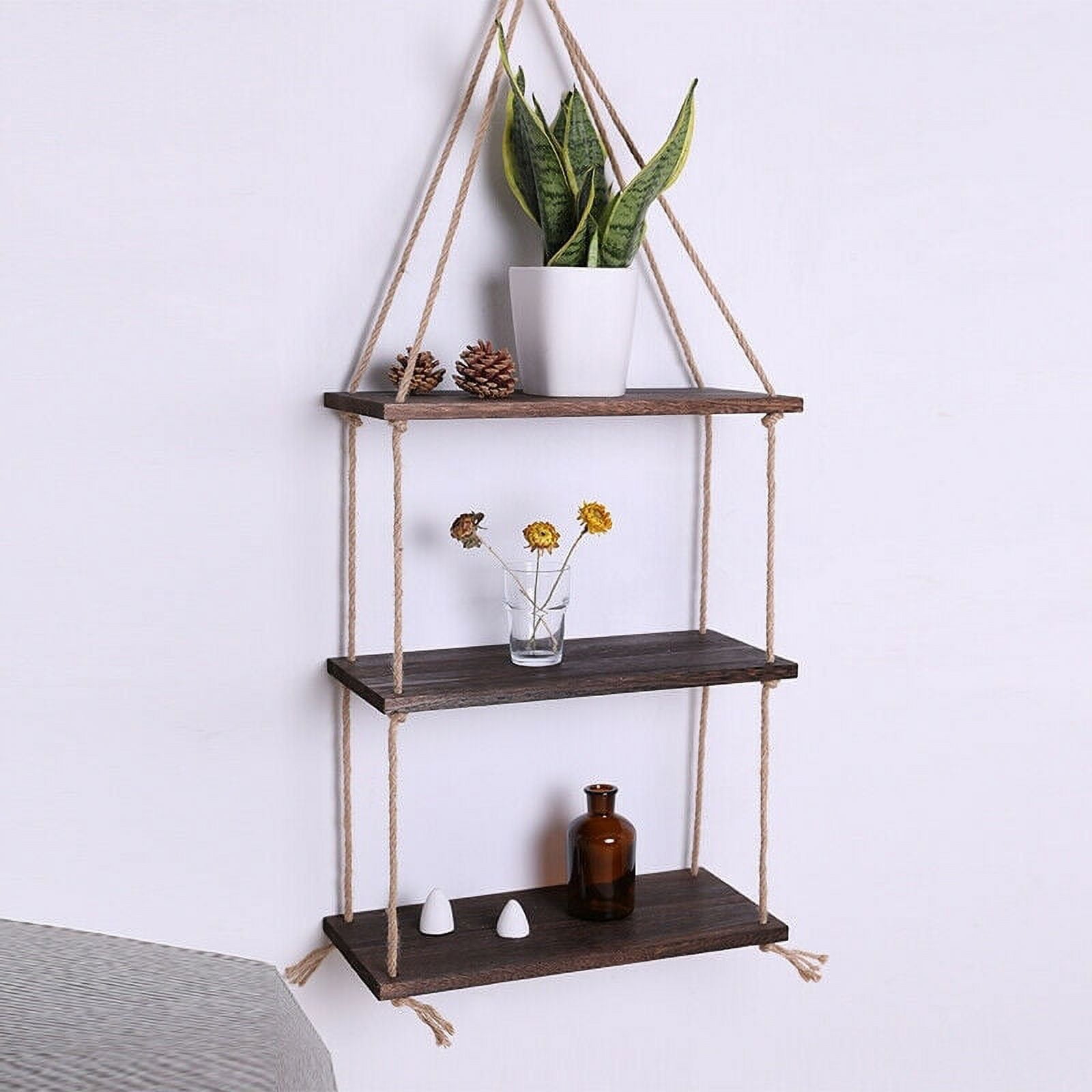 Wooden Floating Shelves Hanging Rope Swing 3 Tiers - 17x8x39 inch ...