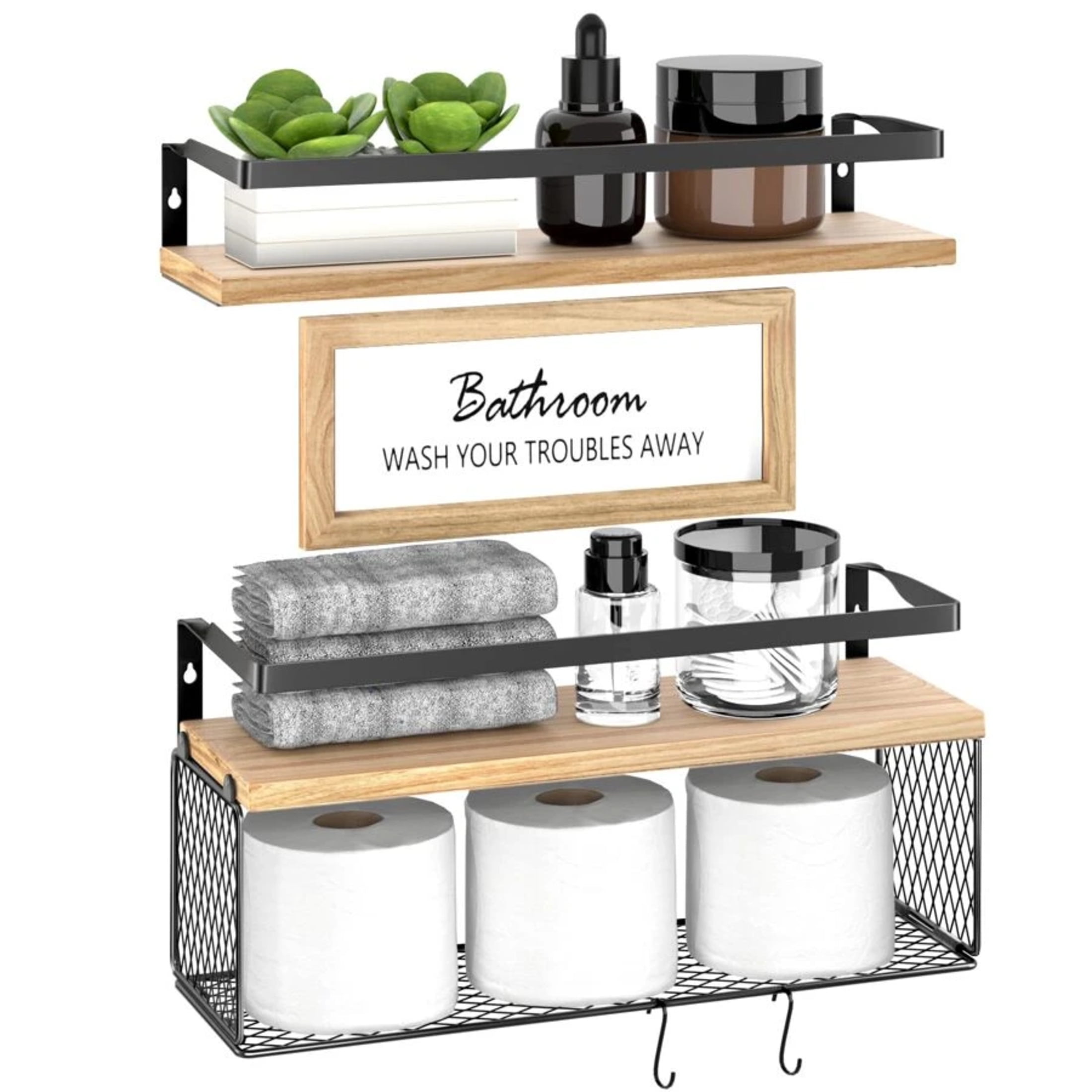 Wooden Floating Shelves with Metal Guardrail - Wall Decor Sign & Paper ...