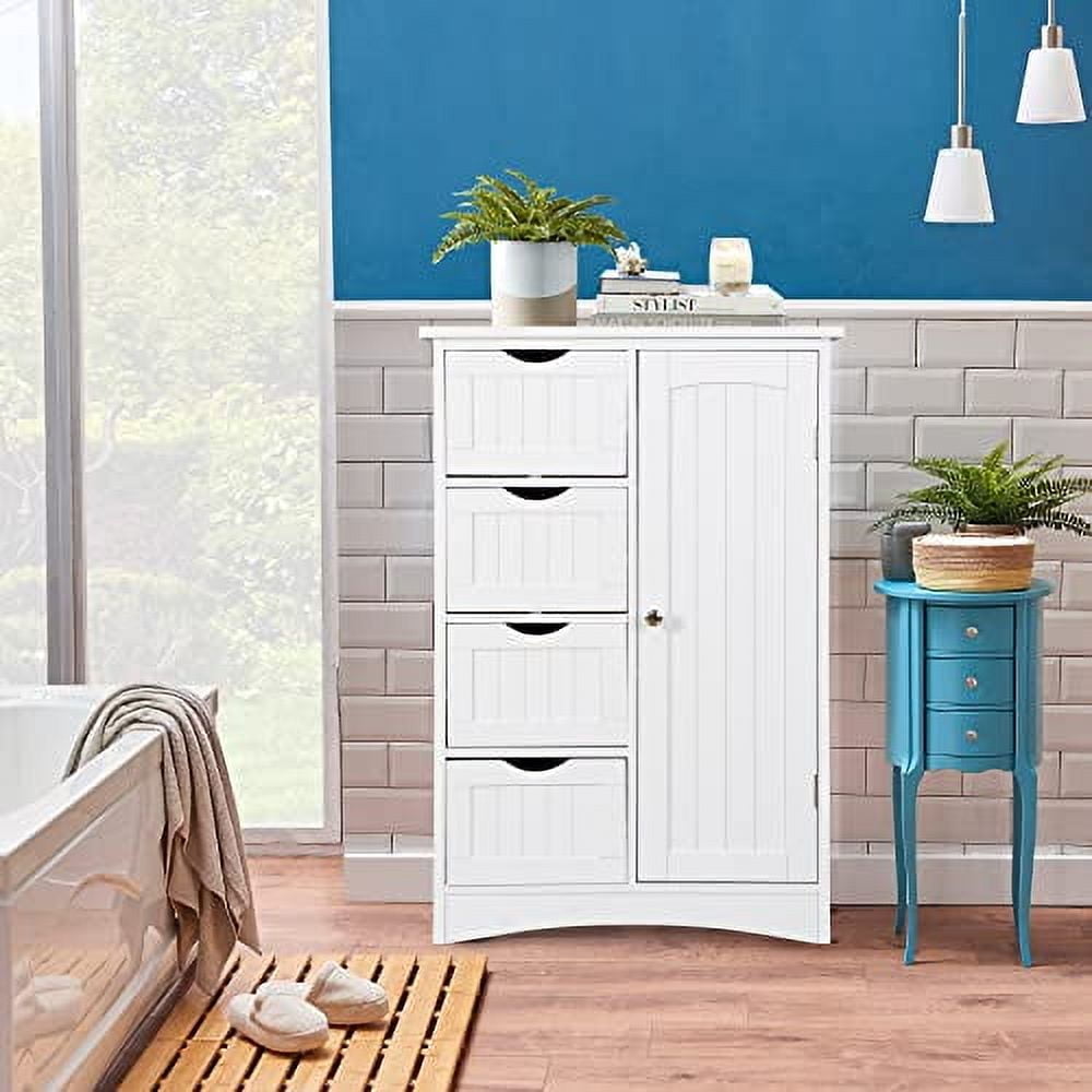 Wooden Floor Storage Cabinet with 4 Drawers and 1 Door, Freestanding ...