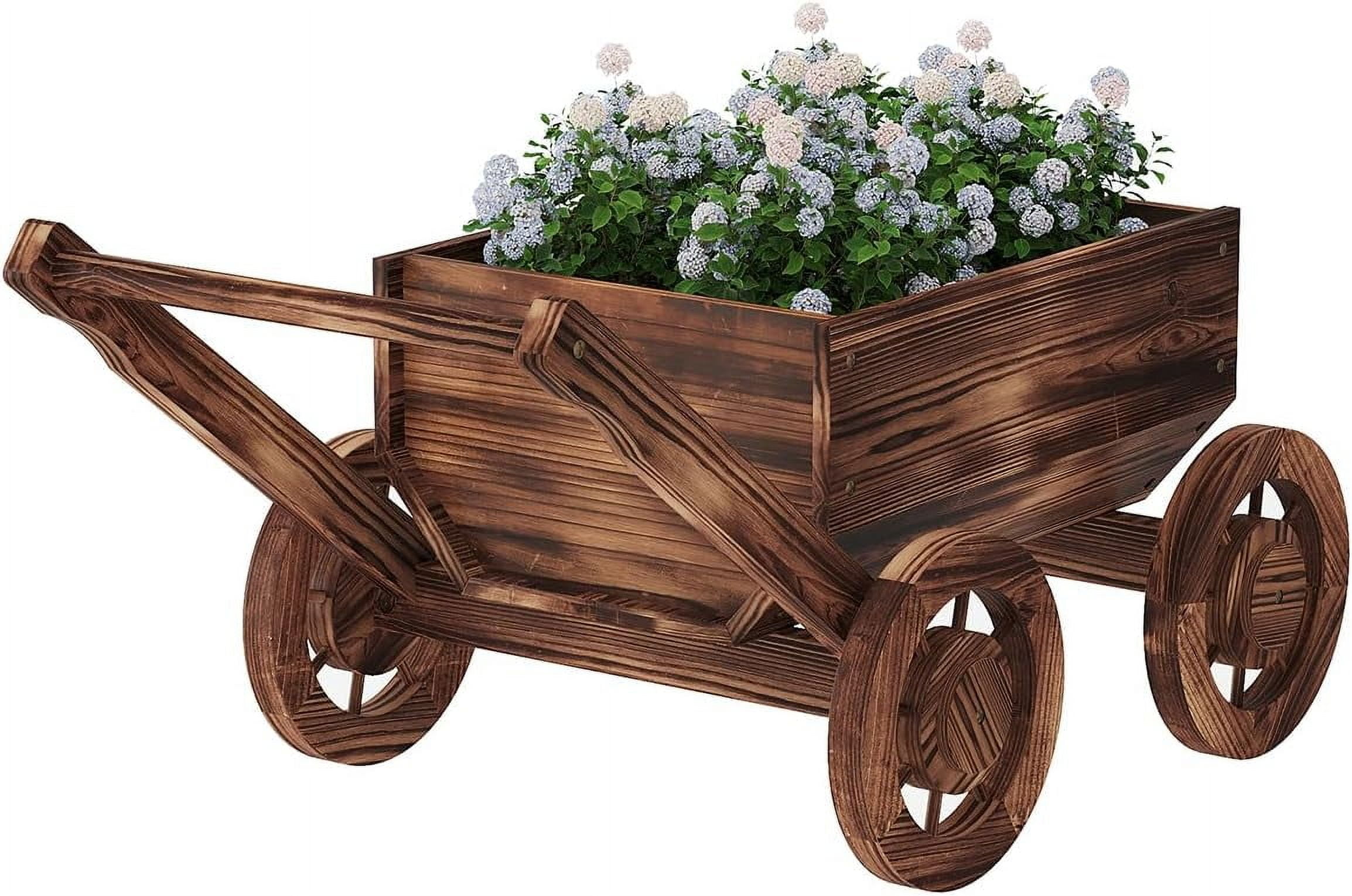 Wooden Flower Cart with Wheels Wooden Wagon Planter Outdoor Garden ...