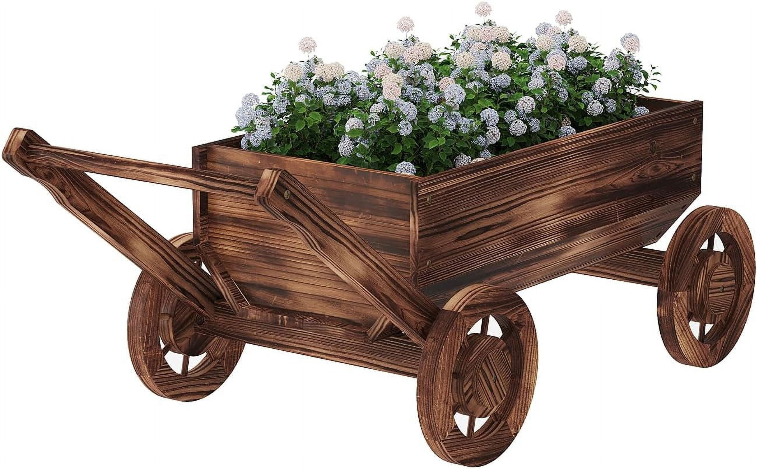 Wooden Flower Cart with Wheels Wooden Wagon Planter Outdoor Garden ...
