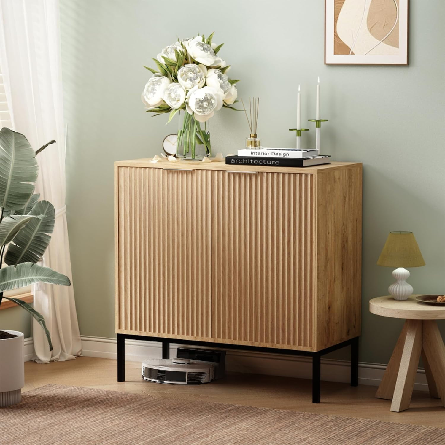 Wooden Fluted Cabinet, Freestanding Multi-Function Storage Buffet with ...