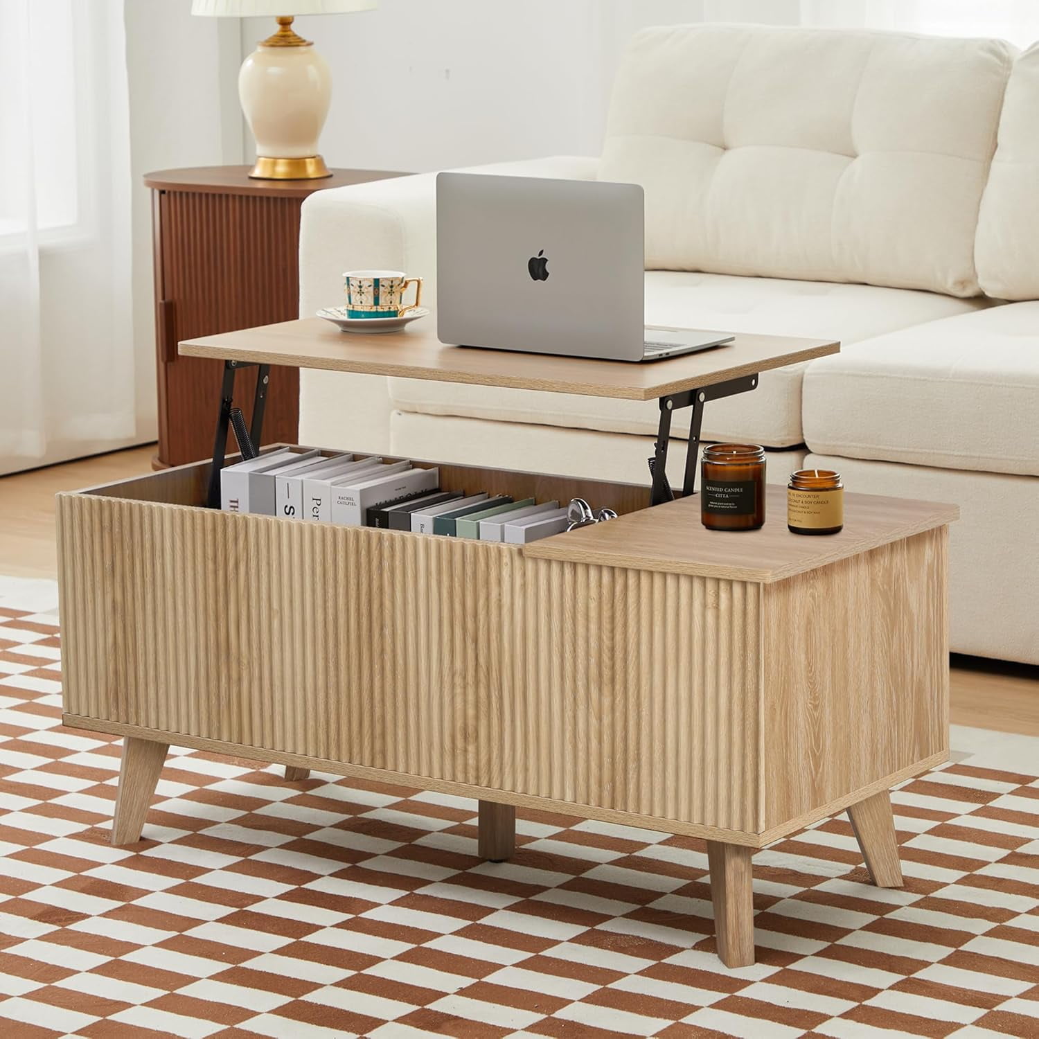 Wooden Fluted Lift Top Coffee Table with Hidden Compartment, Modern ...