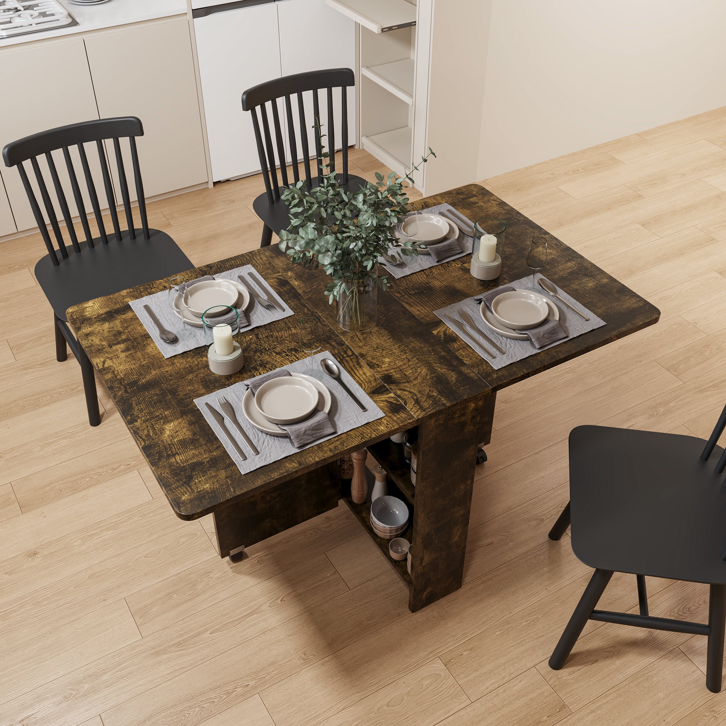 Wooden Foldable Dining Table, Extendable Drop Leaf Farmhouse Table with ...