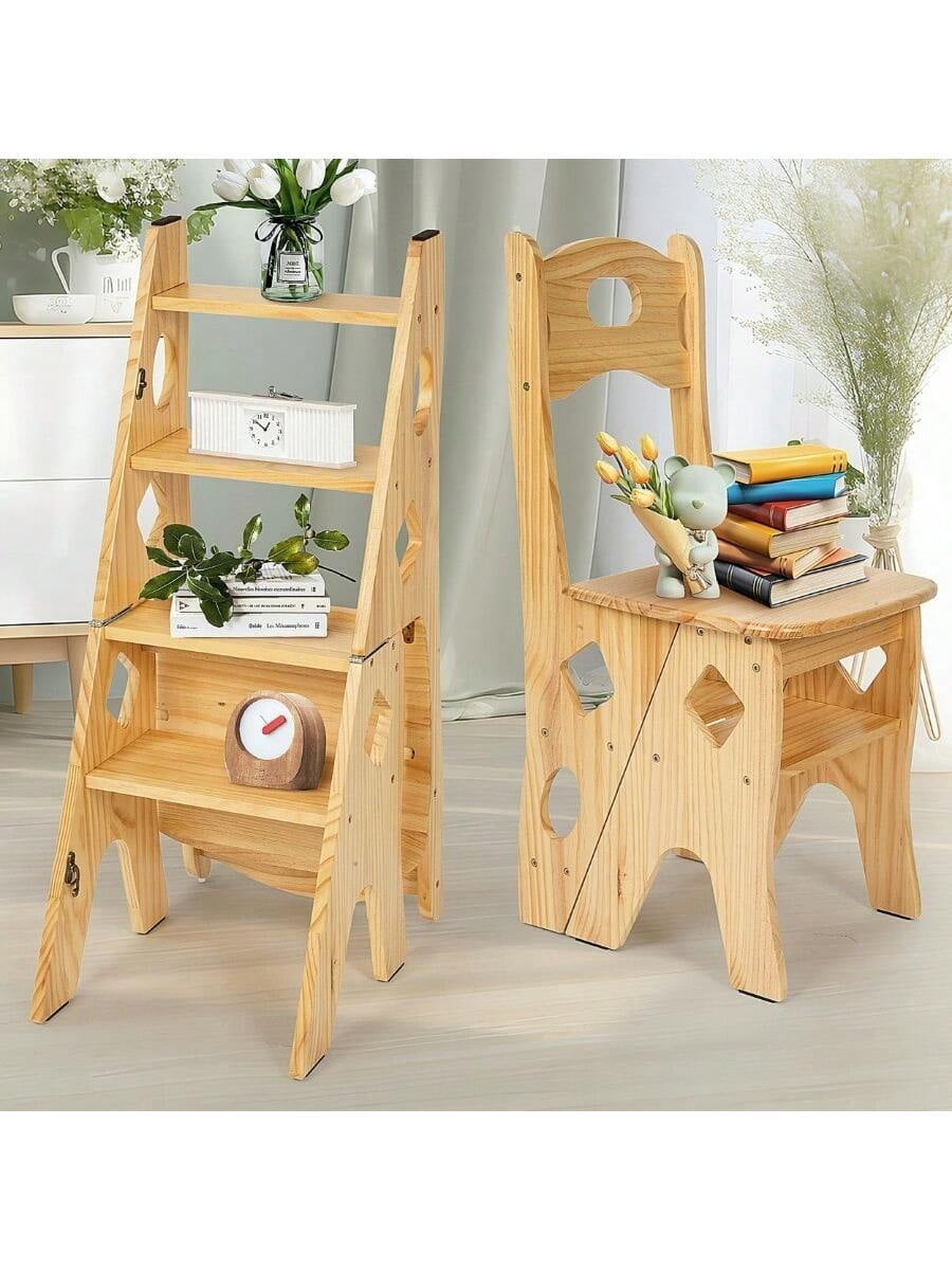Wooden Folding Ladder Chair 2in1Chair Step Stool Combo For Home Library ...