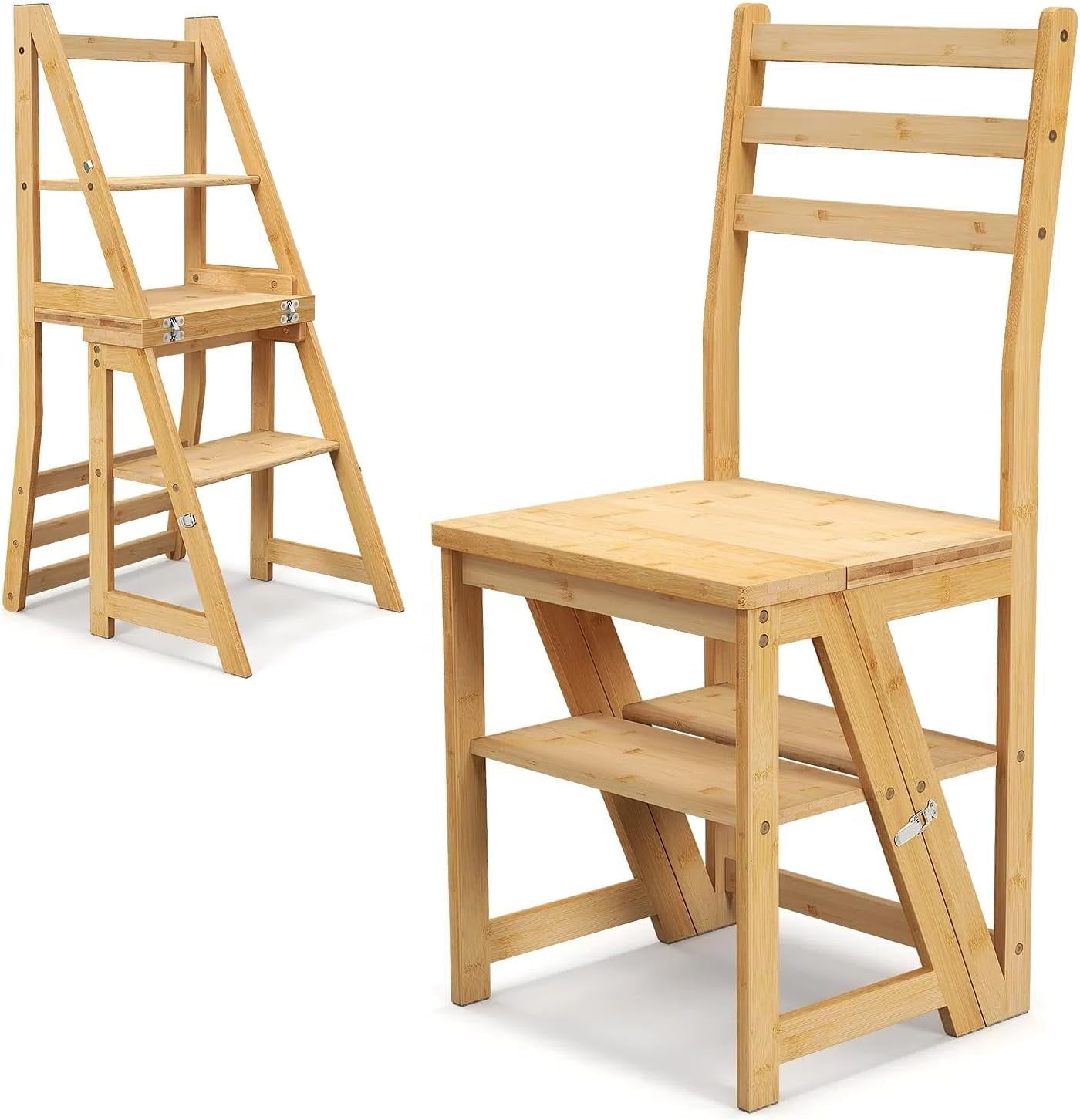 Wooden Folding Ladder Chair, 3 Tier Convertible Step Stool Chair w ...