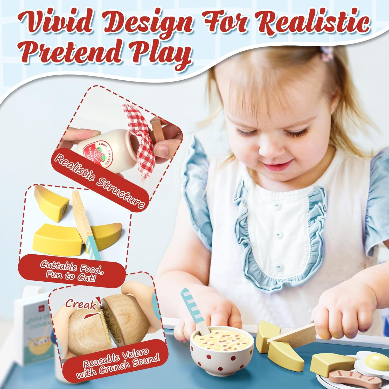 Wooden Food Set for Kids, Montessori Pretend Breakfast Toy, Educational ...