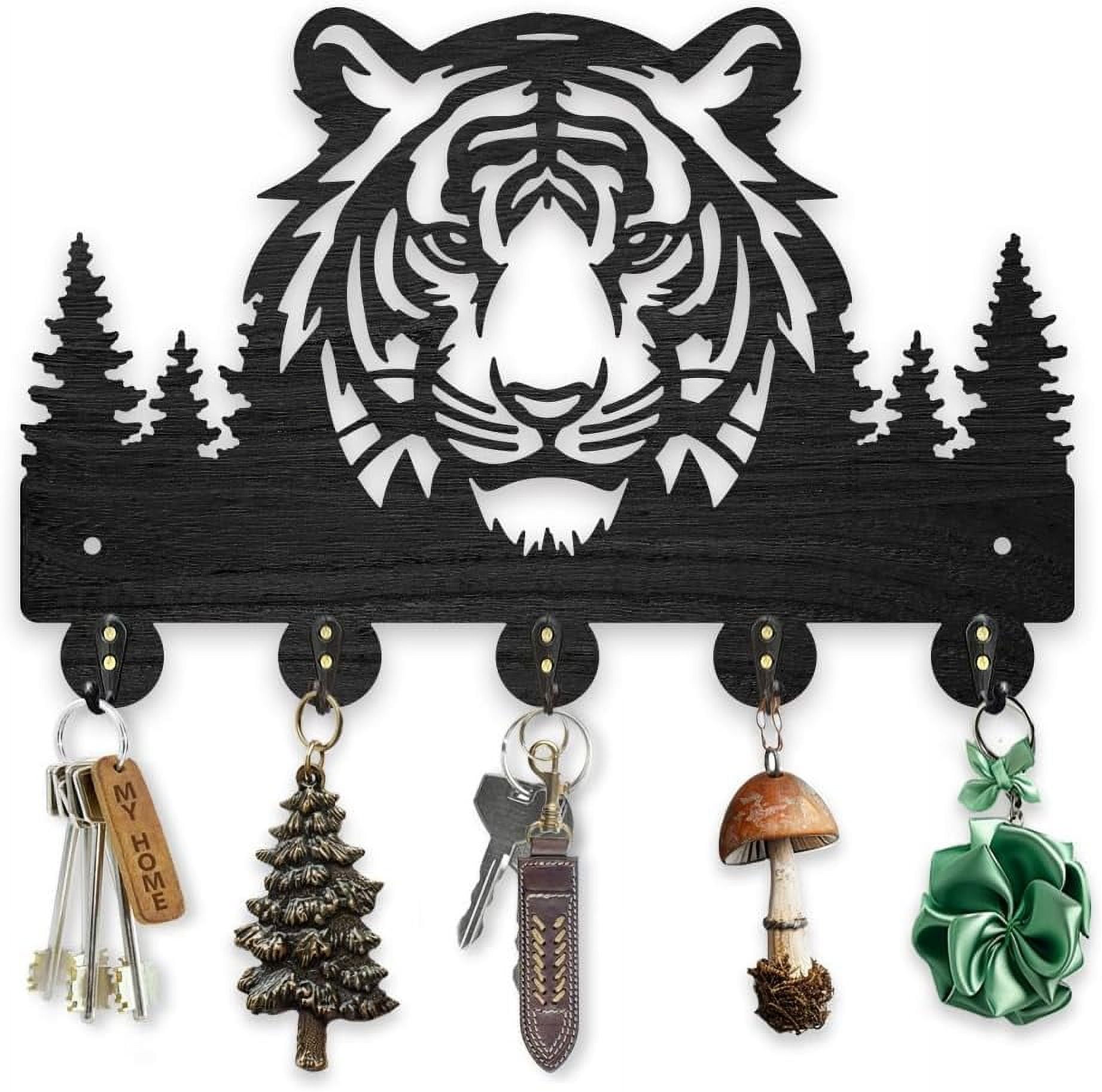 Wooden Forest Tiger Wall Mounted Key Holder Art Decor 5 Alloy Hooks 11 ...