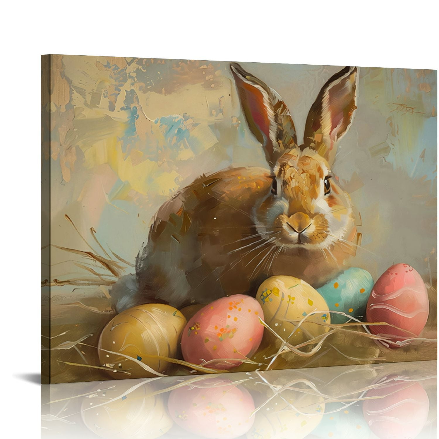 Wooden Frame Canvas Painting, Vintage Easter Bunny Wall Art Oil ...