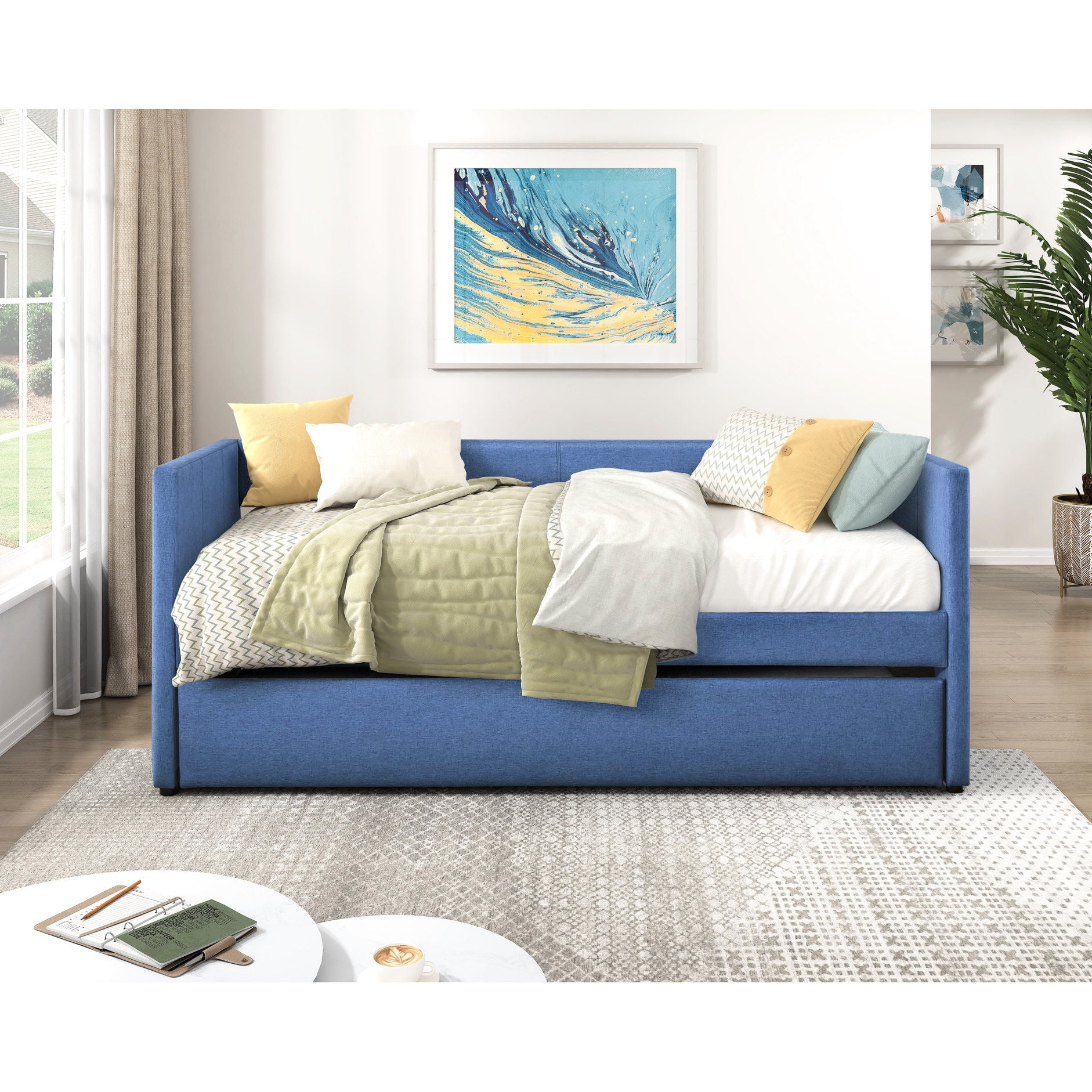Wooden Frame Daybed with Trundle+Textured Fabric Upholstery”-“Reading ...