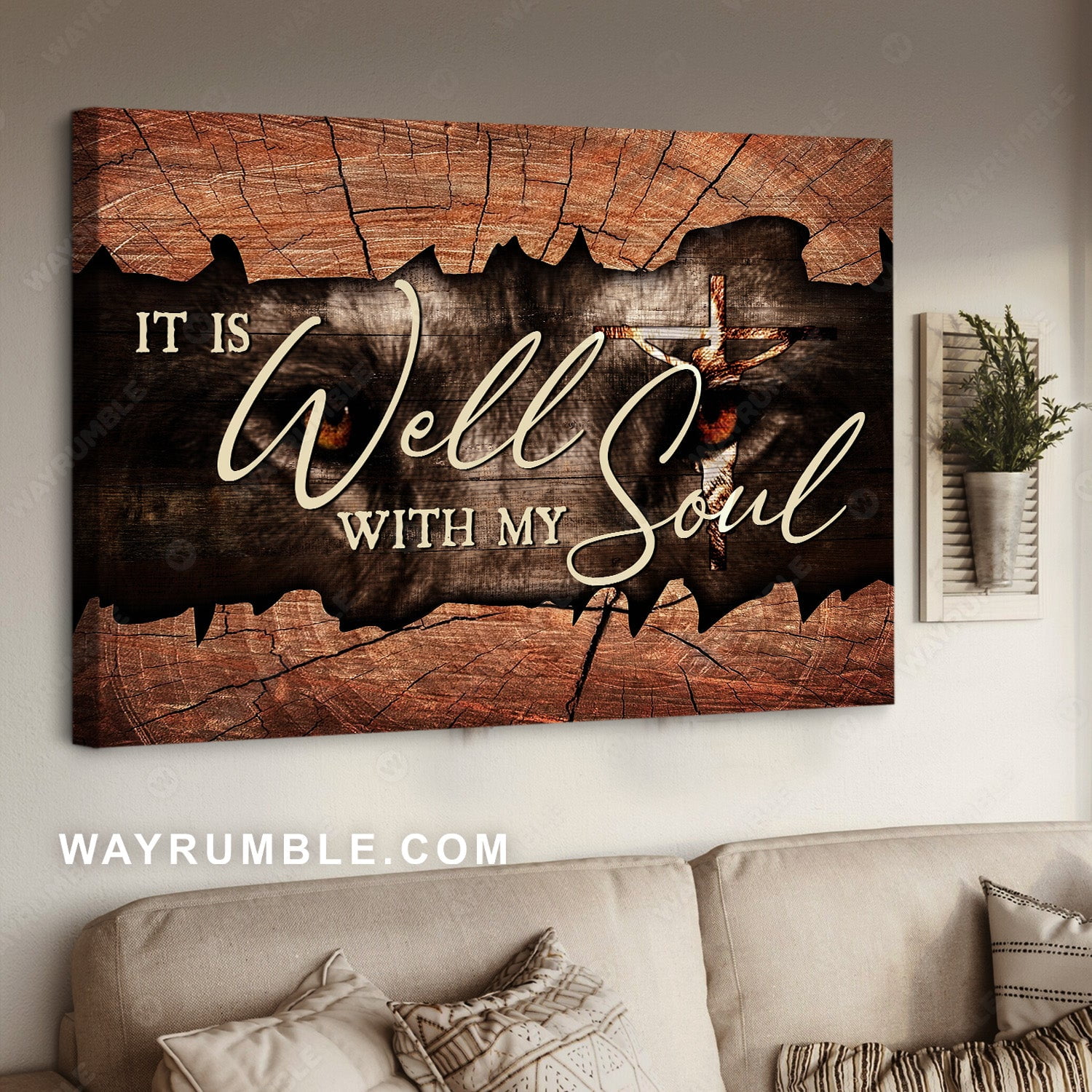 Wooden Frame, Jesus On The Cross, Lion Eyes, It Is Well With My Soul - Jesus Landscape Poster ...