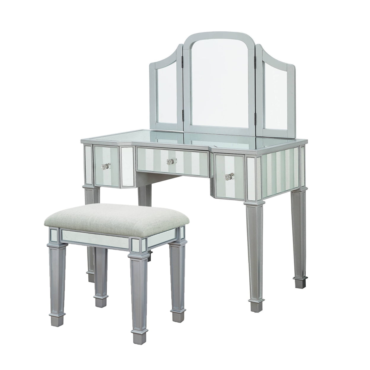 Wooden Frame Vanity Set with Stool and Mirror Panel Inserts, Silver ...