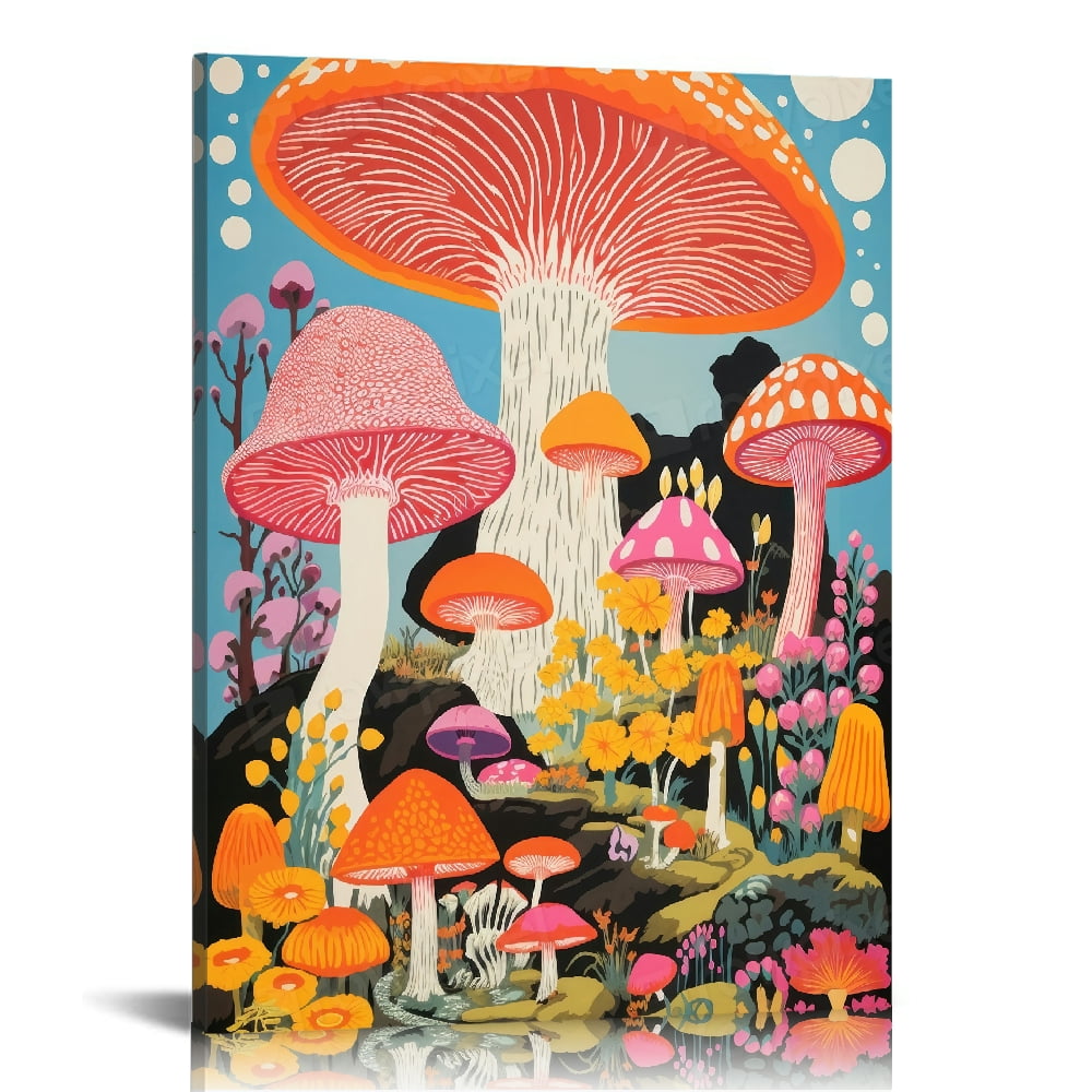 Wooden Framed coloured mushroom Canvas Wall Art Background with ...