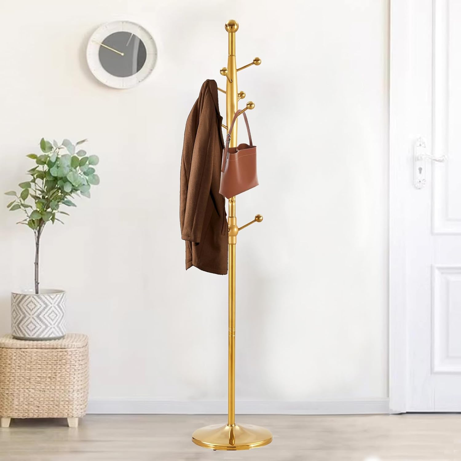 Wooden Freestanding Coat Rack With Gold Metal Hooks Adjustable Design ...
