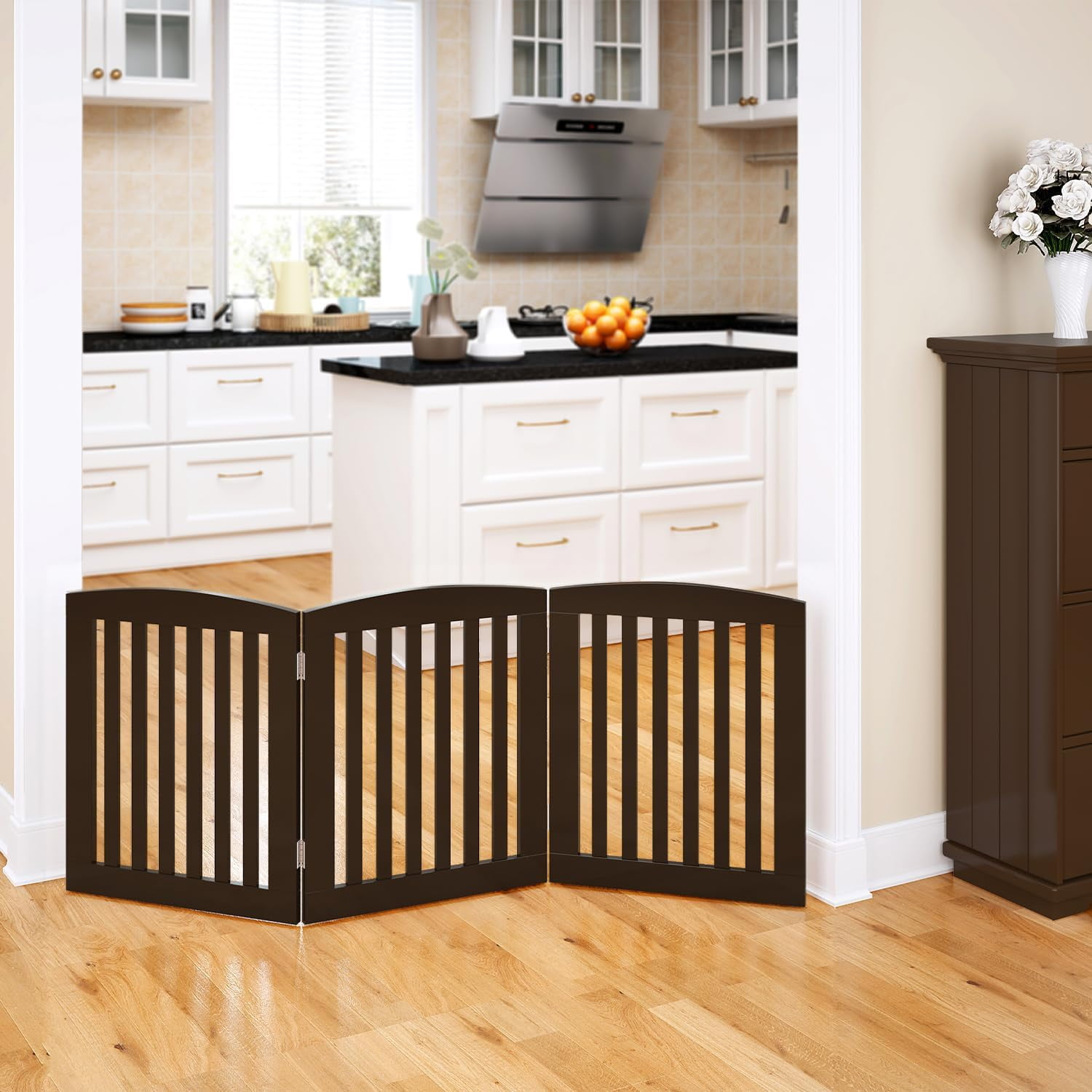 Wooden Freestanding Foldable Pet Gate for Dogs, 24 inch 3 Panels Step ...