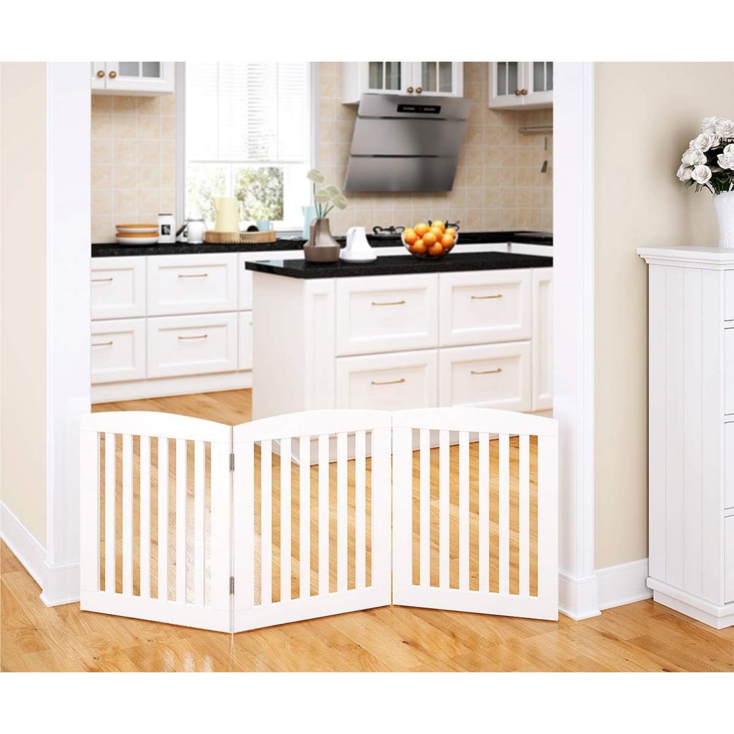 Wooden Freestanding Foldable Pet Gate for Dogs, 24 inch 3 Panels Step ...