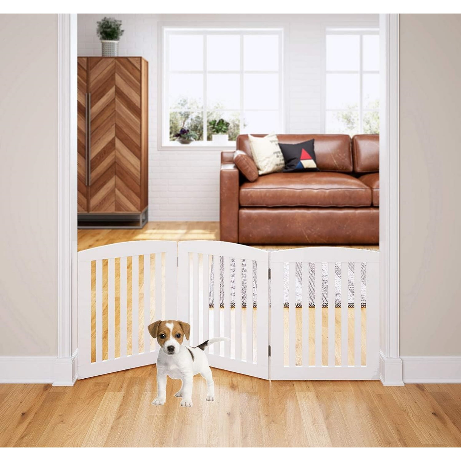 Wooden Freestanding Foldable Pet Gate for Dogs, 24 inch 3 Panels Step ...