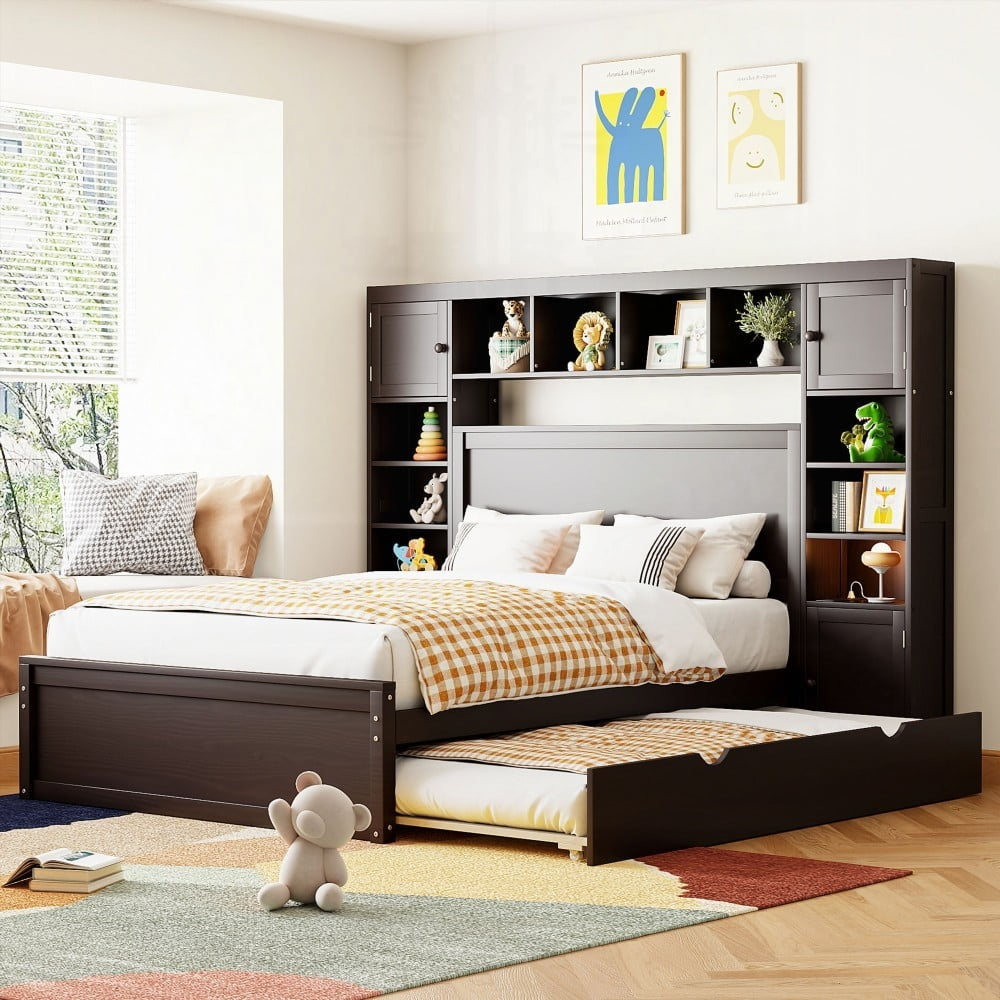 Wooden Full Size Bed Featuring All-in-One Cabinet & Sockets, Twin ...