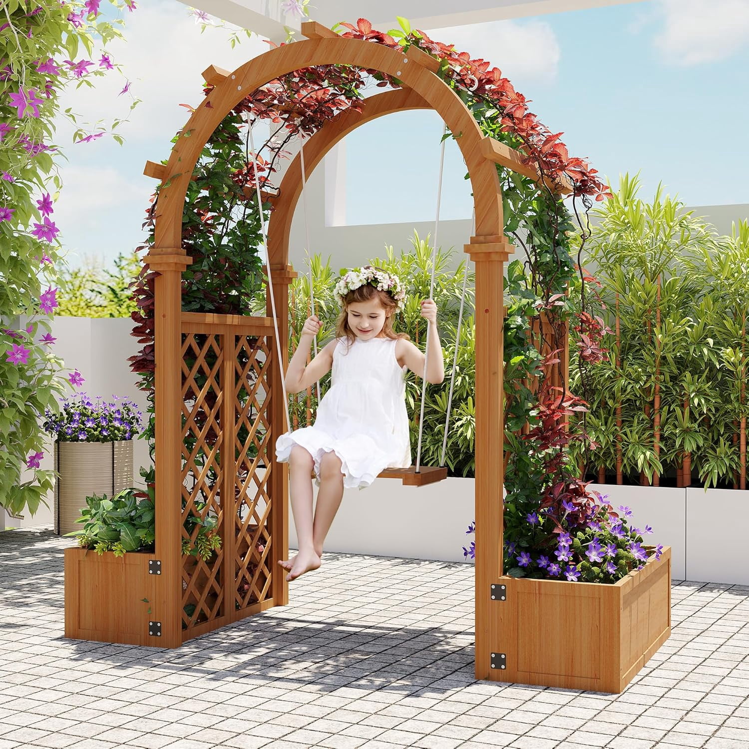 Wooden Garden Arbor with Planter&Swing,Outdoor Arbor Trellis for ...